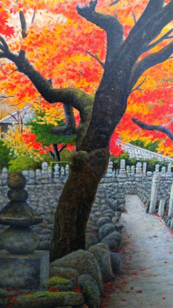 油彩 秋の京都「化野念仏寺」風景画 油絵 油彩画 絵 絵画 寺 原画 P30号