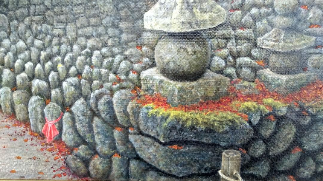 油彩 秋の京都「化野念仏寺」風景画 油絵 油彩画 絵 絵画 寺 原画 P30号