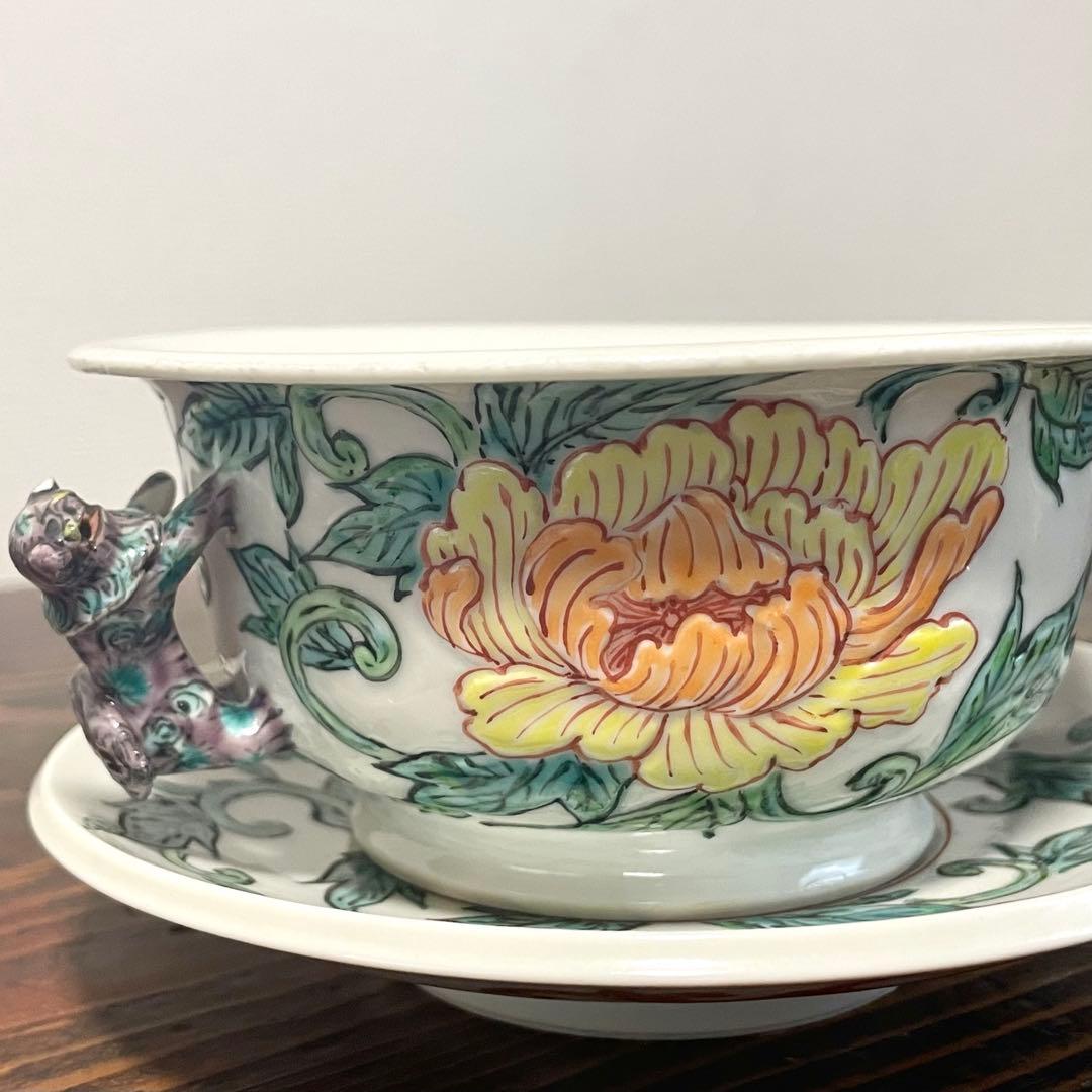 五代 清風与平？ 在銘 色絵 牡丹紋 唐獅子双耳 碗皿 詳細不明