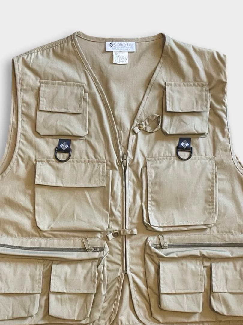 90s Columbia PFG ベージュ フィッシングベスト 6ポケット 美品