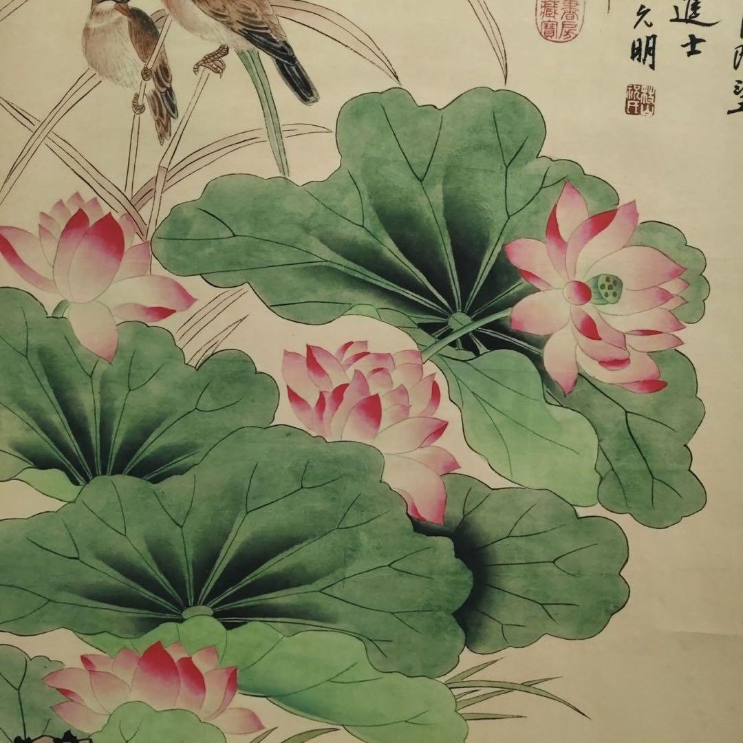 祝允明 花鳥画 掛け軸 中堂 蓮・芙蓉図 宣紙 表装済 サイズ：180×70cm