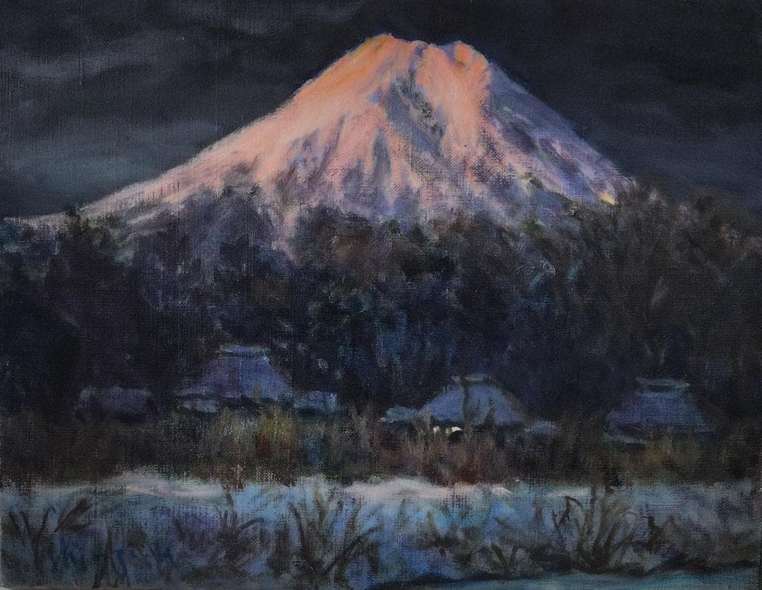 「明ける忍野村」1976 F6 絵画 油絵 油彩画 風景画 富士山