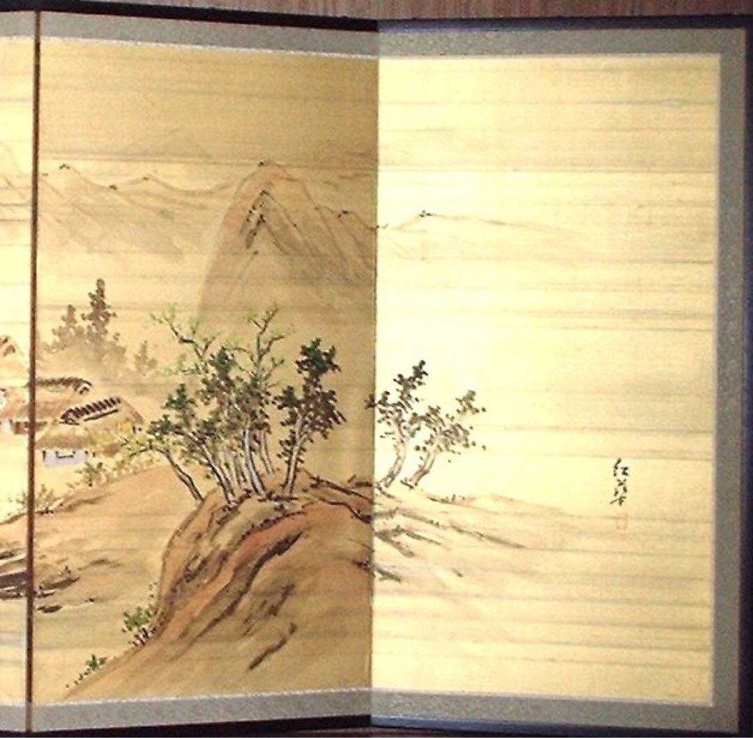 四つ折り屏風　日本画　絹本彩色　山水