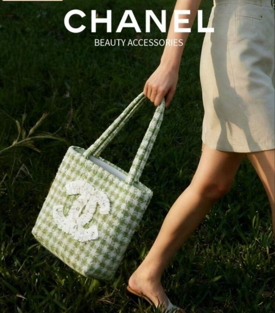 CHANEL 黄緑 シフォン ツイード　トートバッグ　レース