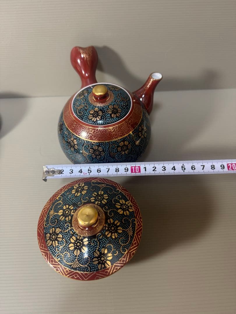 2086 九谷焼　青粒　茶器セット　急須1客　湯呑蓋付5客　金彩