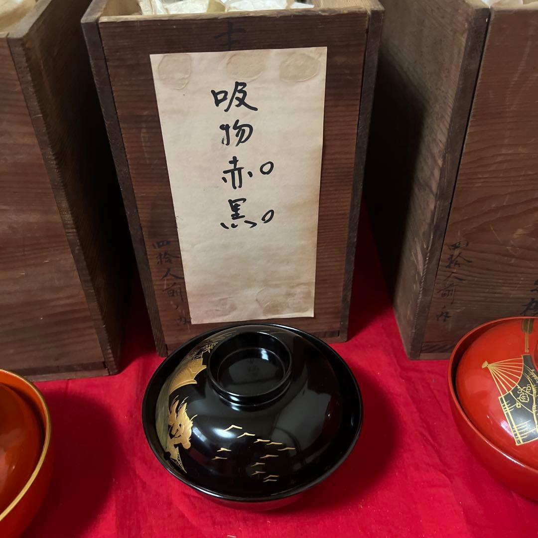 旧家蔵出　時代物 漆器 蒔絵 麦 黒 吸物椀 四箱