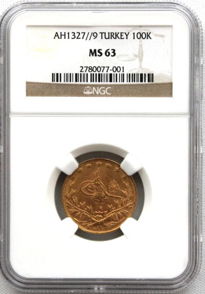 AH1327//9 オスマン・トルコ帝国 100クルシュ 金貨 NGC MS63