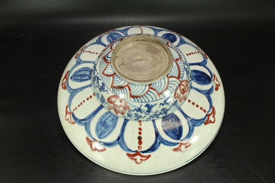 中国美術 赤絵青花 纏枝蓮花紋 壷盤 φ30.5cm(LC178)
