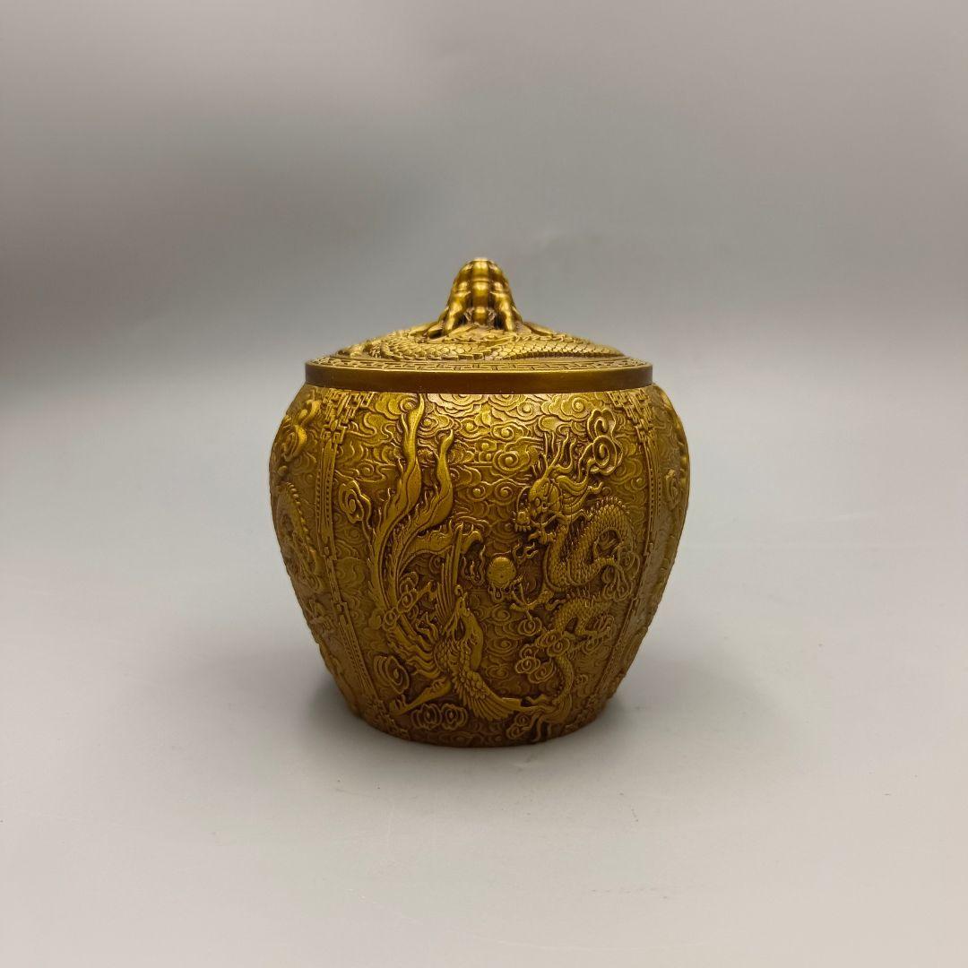銅 細工 レリーフ龍鳳銅缶 茶缶 貯蔵缶 装飾品 工芸品 置物