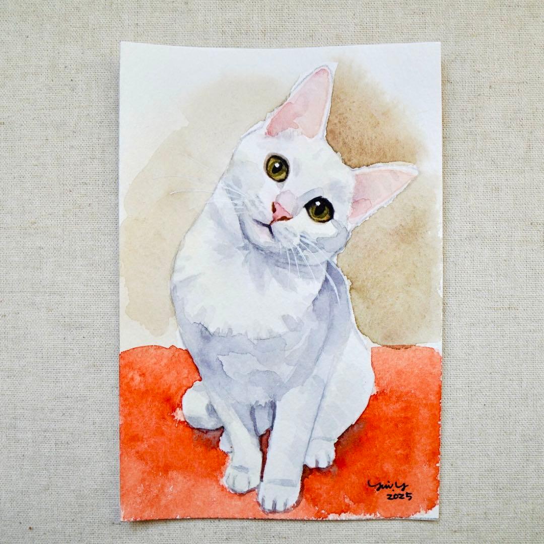 猫の絵 377 水彩画 原画 白猫 ポストカードサイズ