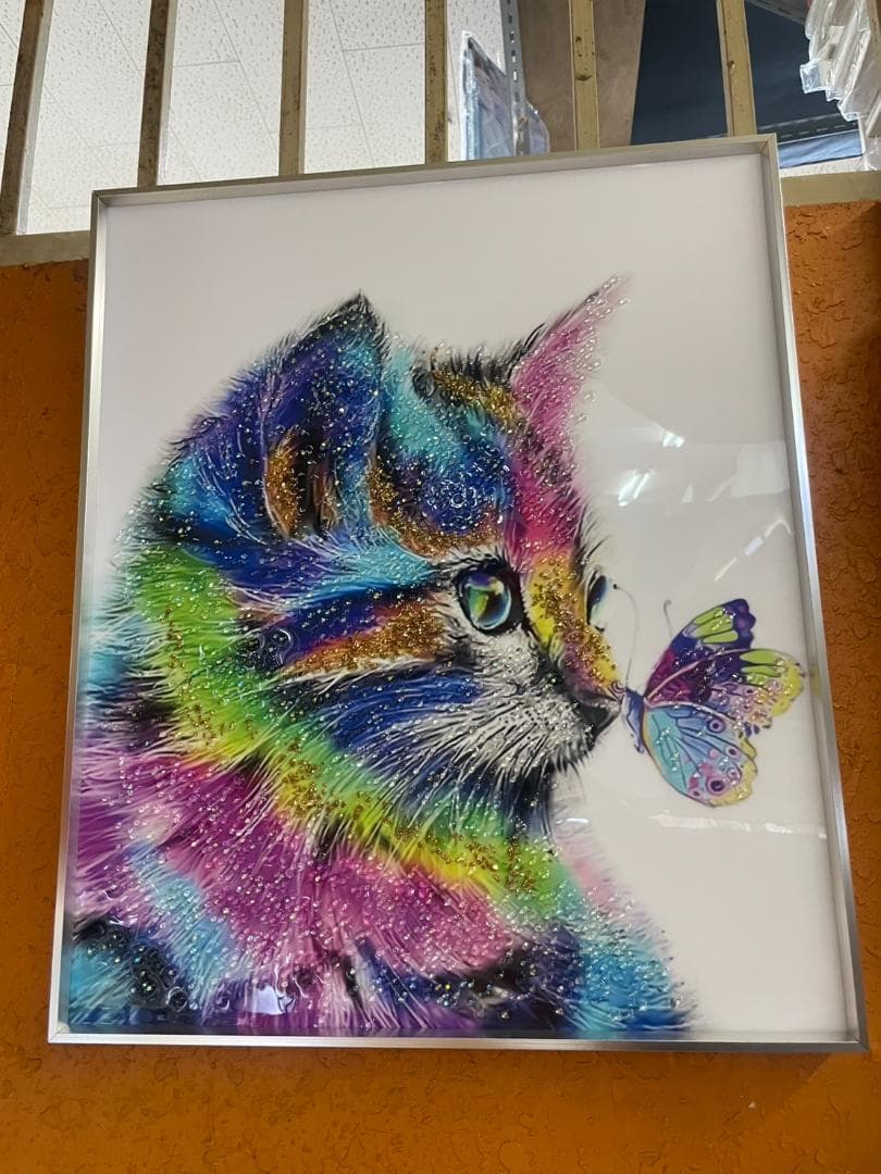 水晶絵　猫　ネコ　キャット　カラフル　アニマル　アートパネル　絵画　ペイント　絵
