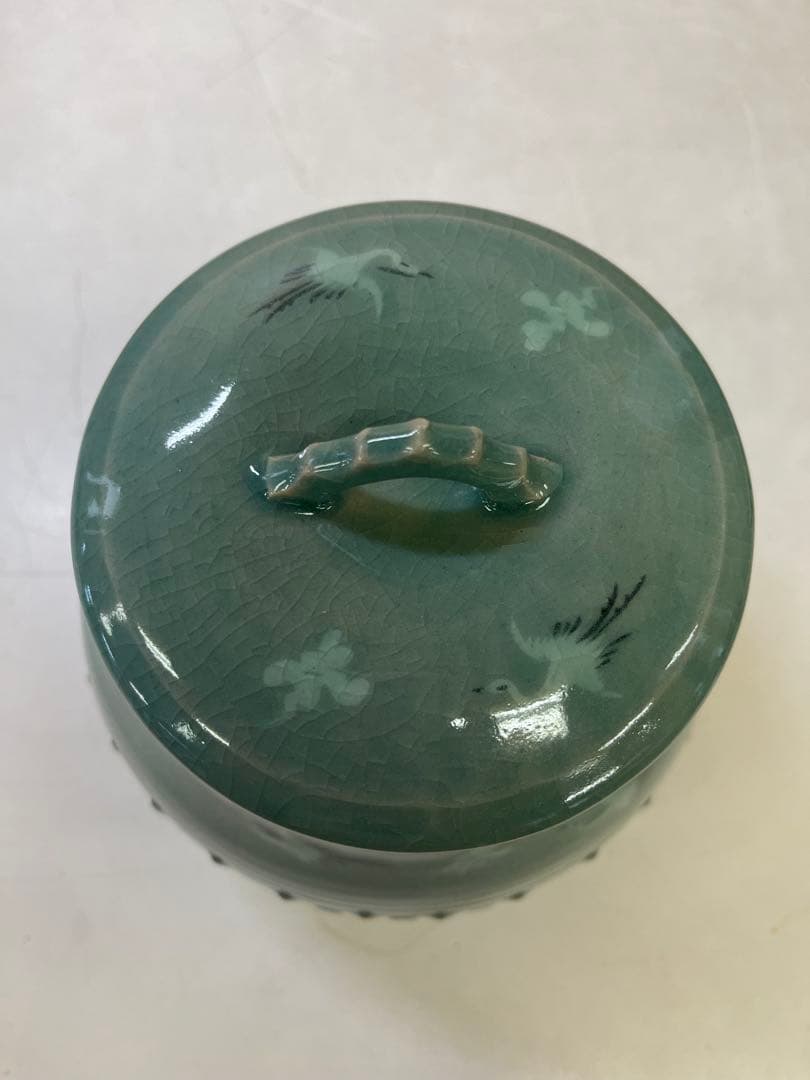 M648 青磁 壺 飾りつぼ 海日 蓋付 水呂窯