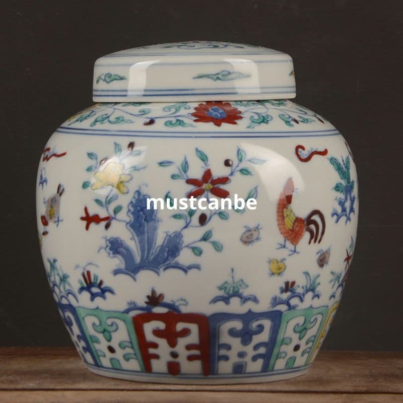 明成化手画斗彩鶏紋天字 缶茶壺 景徳鎮 陶磁器 装飾品 現代工芸品 美術品 置物