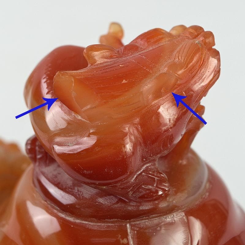 中国　赤瑪瑙彫刻　雙耳活環　獅子鈕蓋爐　香炉　D　R9079