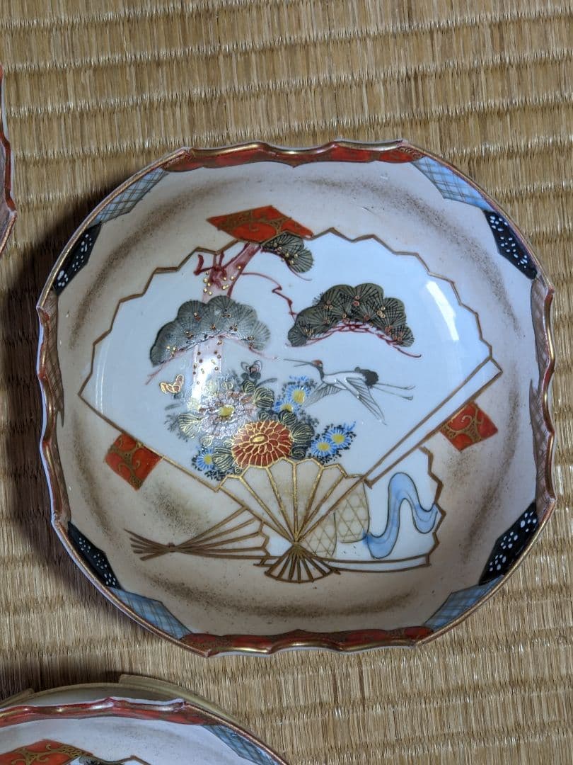 ♦九谷焼 明治時代 金彩色絵 団扇松鶴図 四方鉢 向付 茶道具 古美術 骨董品