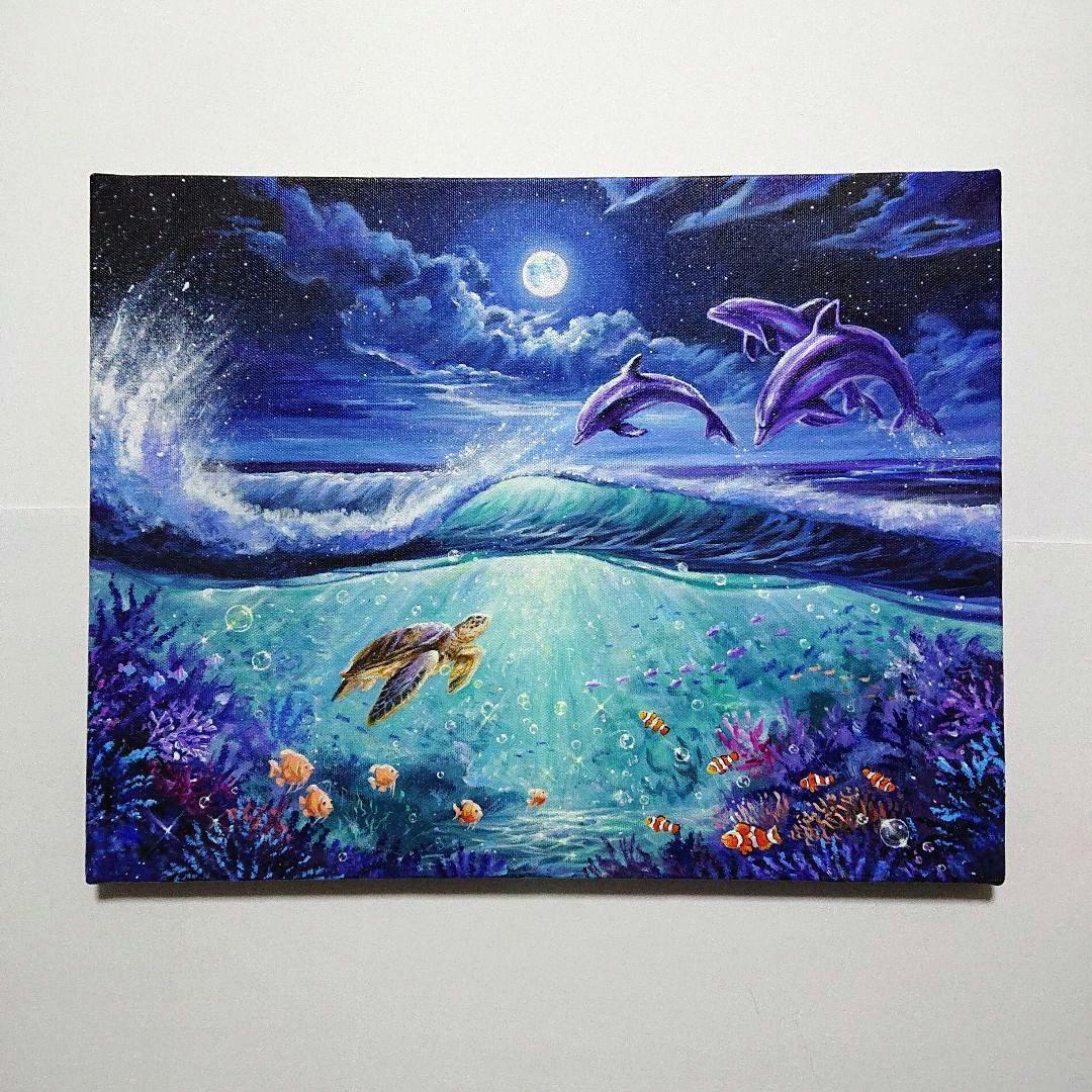 【月夜に輝く海の世界】アクリル画 F6 風景画 絵画 動物画 海の絵