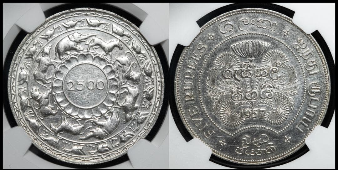 人気　NGC-UNC品質　洗浄　 セイロン　仏教2500周年　1957　通常貨