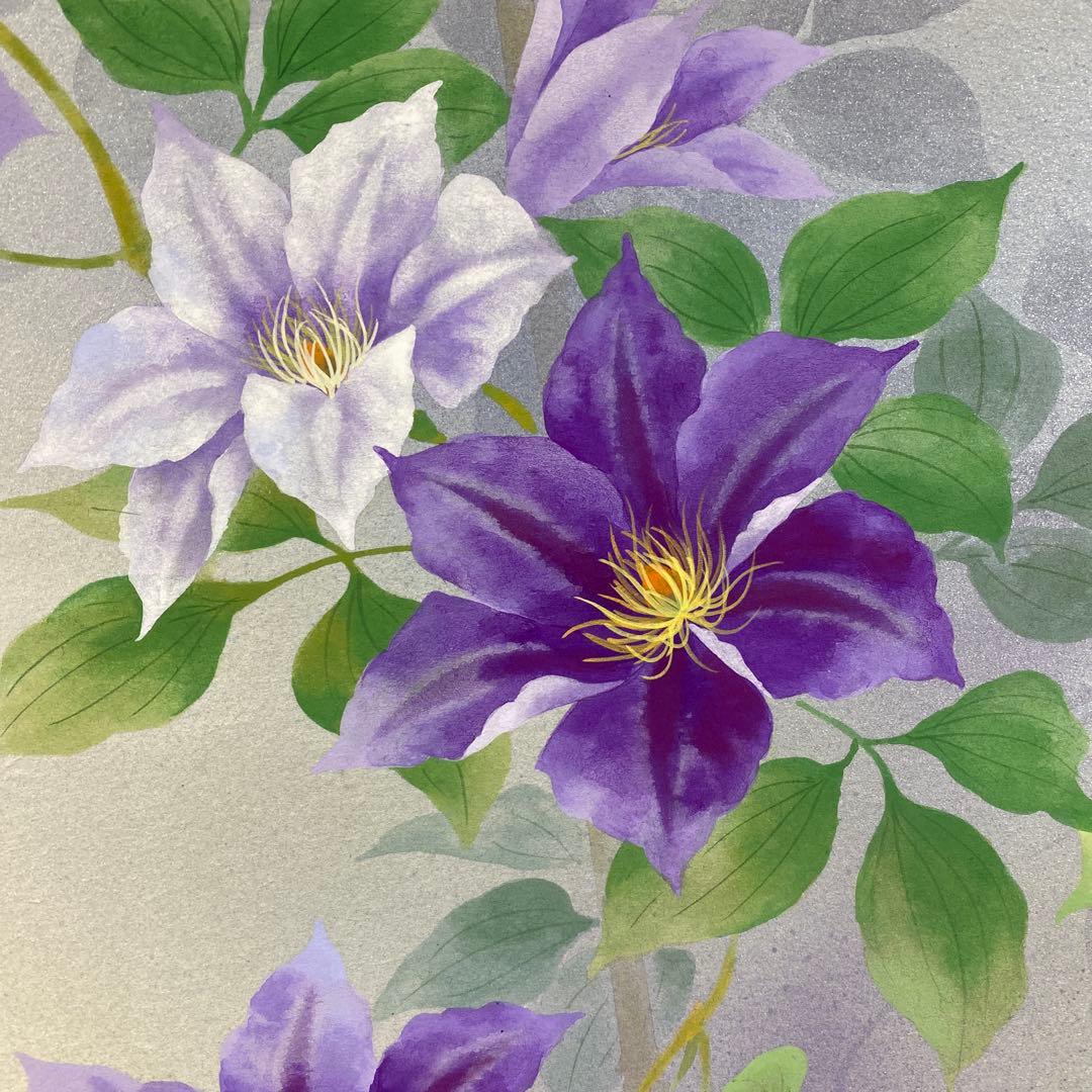 美品 掛け軸 遠田一成作 鉄線花図 共箱 太巻き付 二重箱