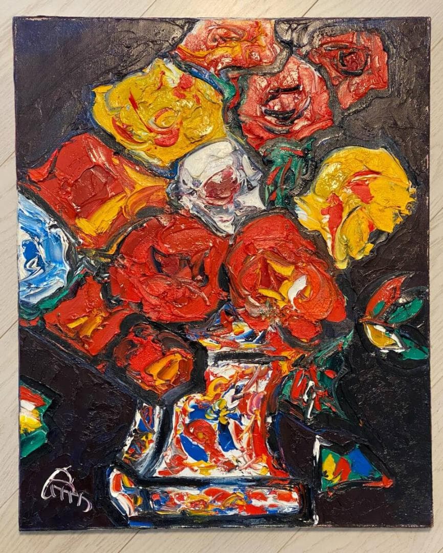 「真作」宮田為義　薔薇の絵　靜物画　絵画　油彩画　額装　F15号