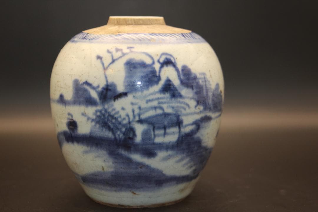 【海】古染付　清中期　人物山水絵小壺　本物保証！　骨董品 時代品 美術品