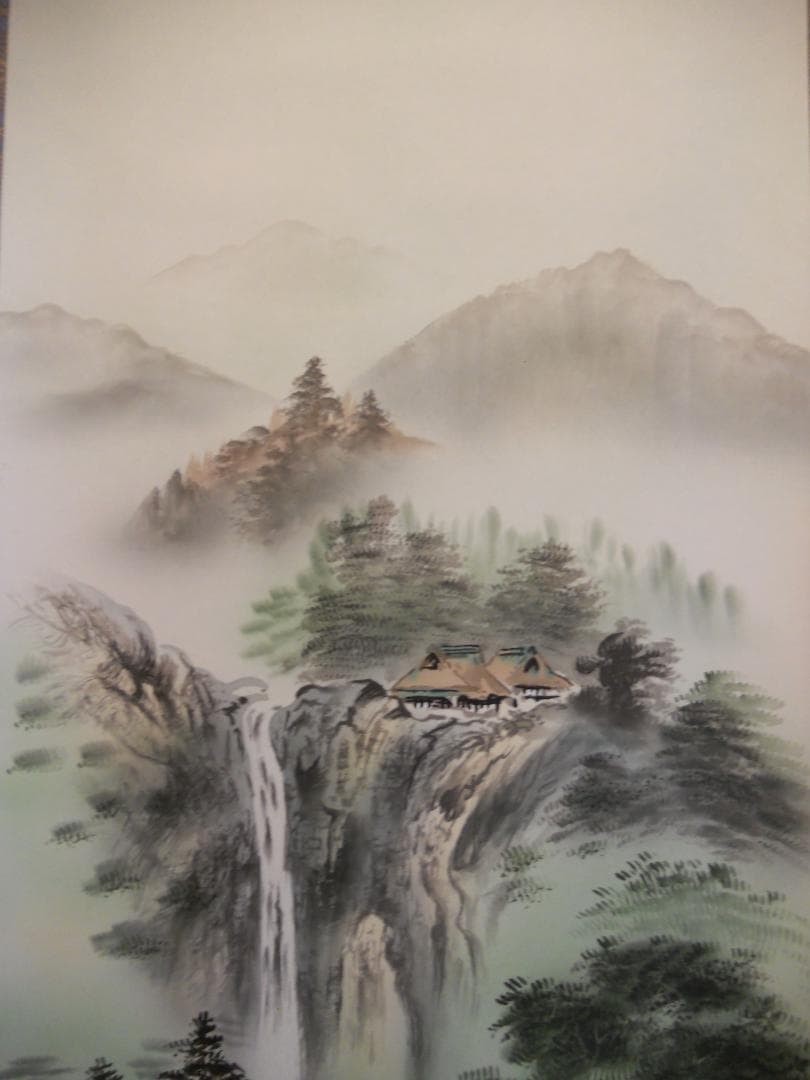 掛け軸 小川香月 『 山紫瀑景図 』 絹本 希少 軸装 茶道具 掛軸 美品 です