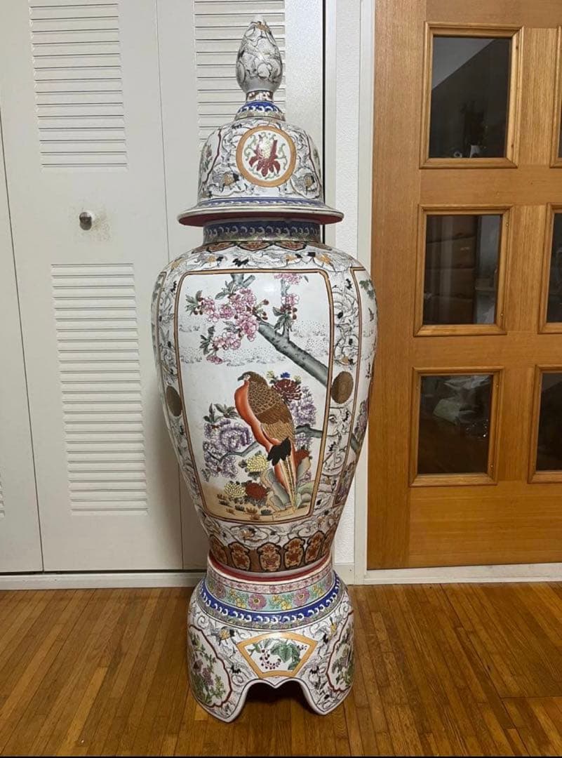 【セール】極上品　希少★飾壺 蓋付き壺 沈香壺 金襴極彩色 花鳥高さ約130cm
