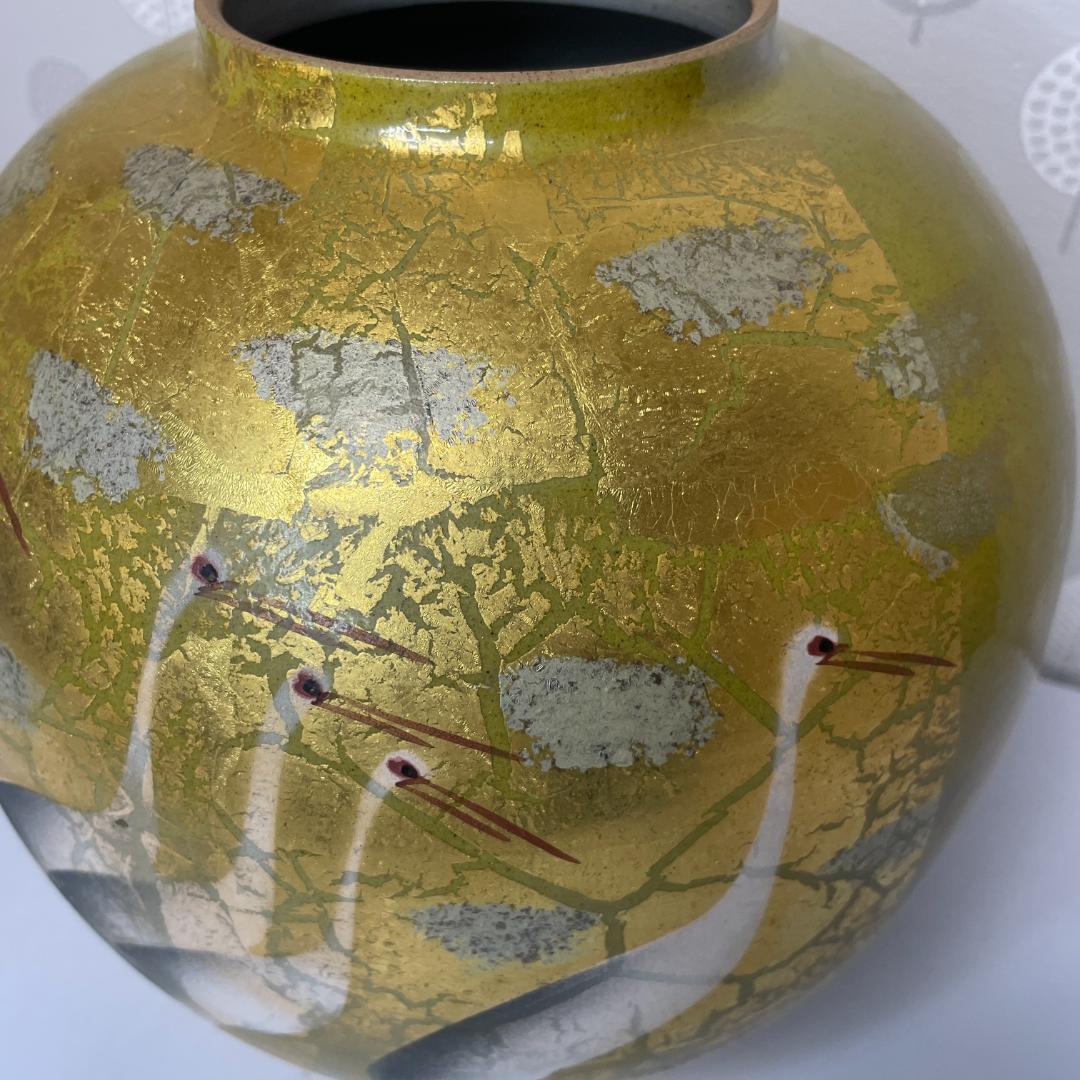 現状品 九谷焼 光陽 山田登陽志 金箔鶴 花瓶 花器 径25×高24cm 陶器