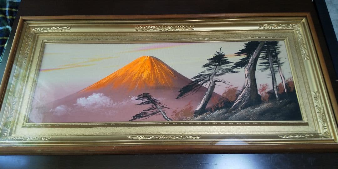 【風景画/富士山】赤富士　油絵　油彩画　立体画　インテリア　額装　額縁　置物