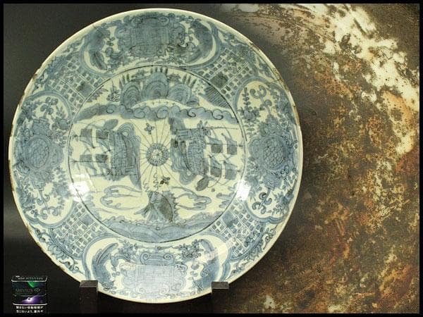 中国美術 青花 呉須 古染付 帆船図 大皿 φ47cm 明 貿易船(LC647)