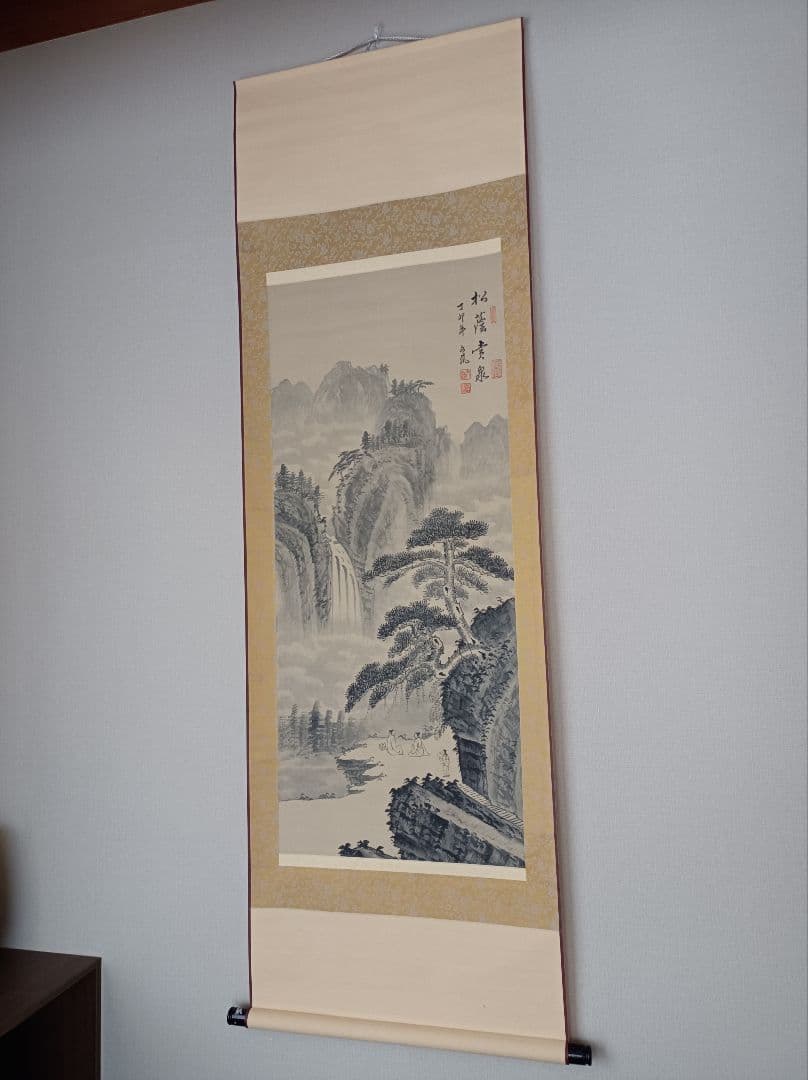 美品 軸 松蔭 絵 臨済宗 龍脈 滝 山水 中国 風水 美術 骨董 インテリア