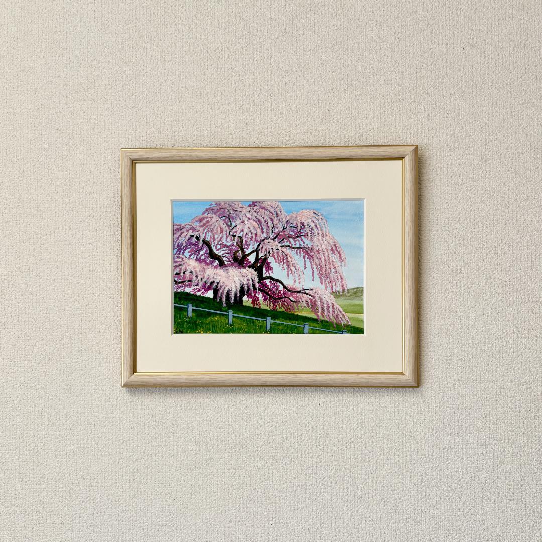 アクリル画　原画　「三春滝桜」額縁付　SMサイズ　風景画