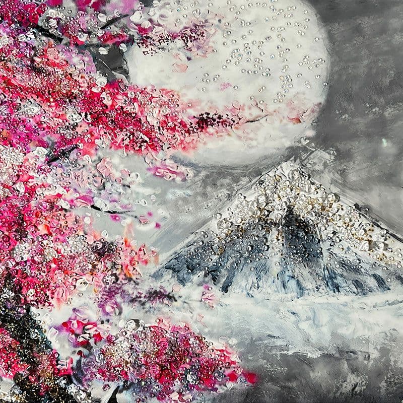輸入雑貨　クリスタルアート　『月下の富士山と桜』　水晶石　フレーム付き