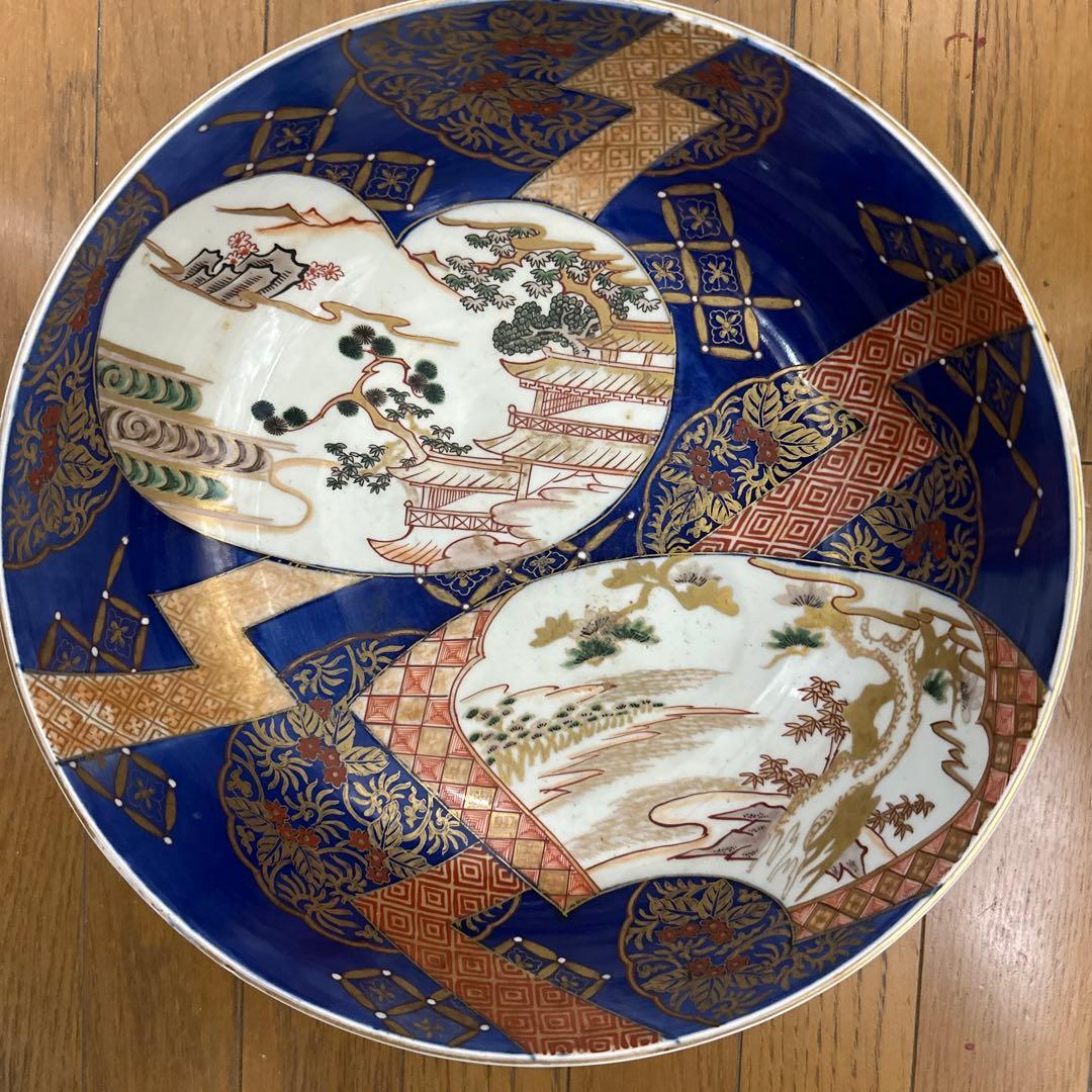 江戸、古伊万里、瑠璃、金彩窓絵、特大、楼閣山水図。無傷！