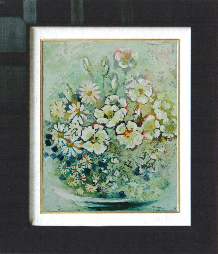 油絵 菅家令子 絵 絵画インテリア 額付(青緑＋金色の枠)uF6-112802花