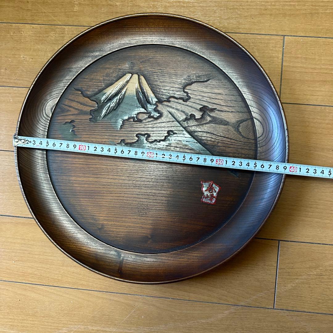 烏城彫 富士山 伝統工芸 銘 螺钿 春峰39.5cm 木彫り茶盆 3枚セット