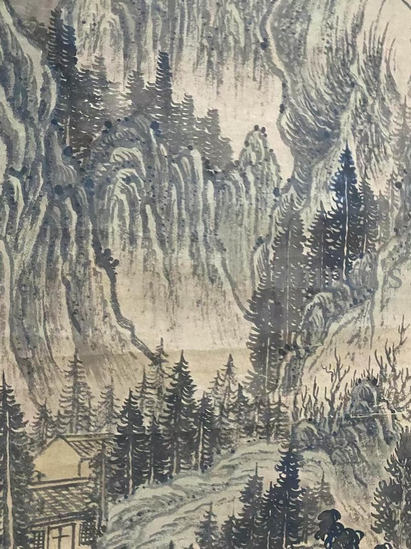 中国古美術 宋代 蘇軾款 山水画 水墨画 金色の縁取り 掛軸 宣紙 唐物 名家