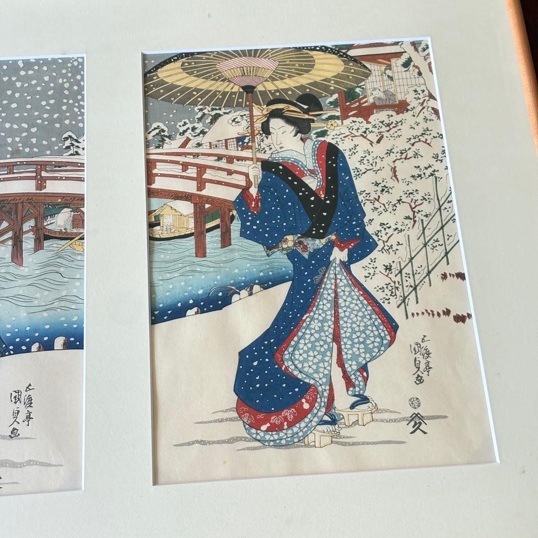木版画 浮世絵 歌川国貞 江戸八景 木母寺の暮雪 3枚続 額装 大判 錦絵 美人