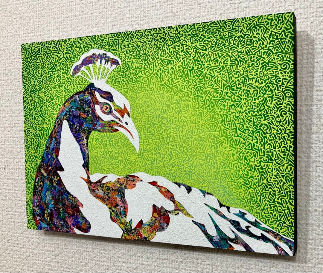 原画　孔雀　動物画　絵画　アクリル画　現代アート　細密画　手描き　一点物