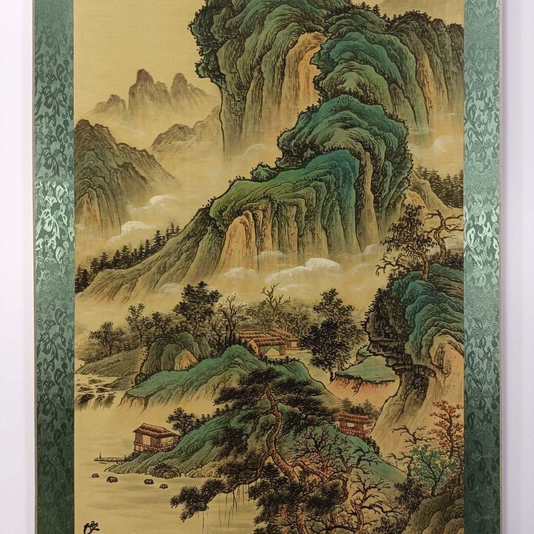 中国画 張大千「青峰雲天」三尺中堂 掛軸 防偽標識付き 約77×175cm