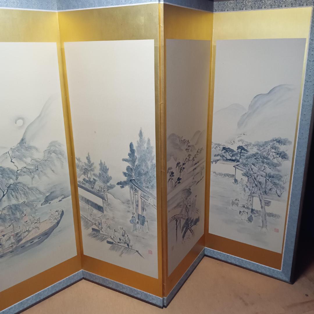 江戸時代風俗図　水墨画＆金屏風セット(175x60cm)X六曲X３枚