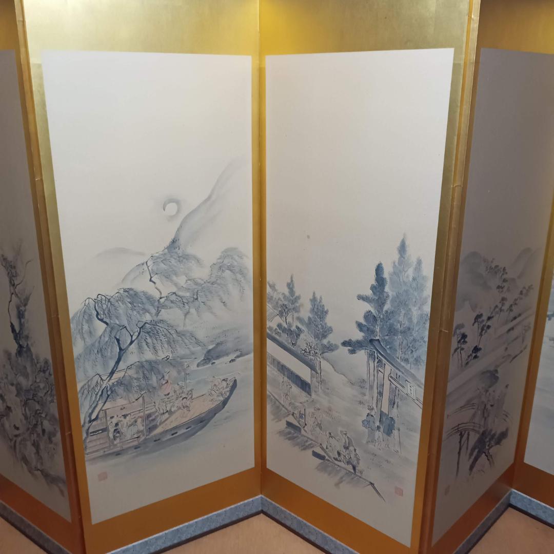 江戸時代風俗図　水墨画＆金屏風セット(175x60cm)X六曲X３枚