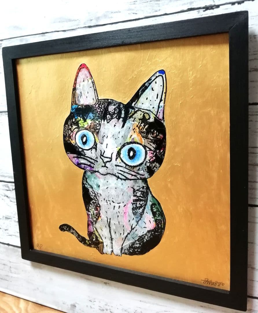 額付き銅版画応用絵画　「ひらめき猫」