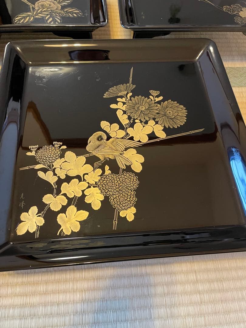 5点セット　脚付膳　お膳台　漆塗り　金　蒔絵　鳥　鷹　鶯　花　紅葉　もみじ　瓢箪