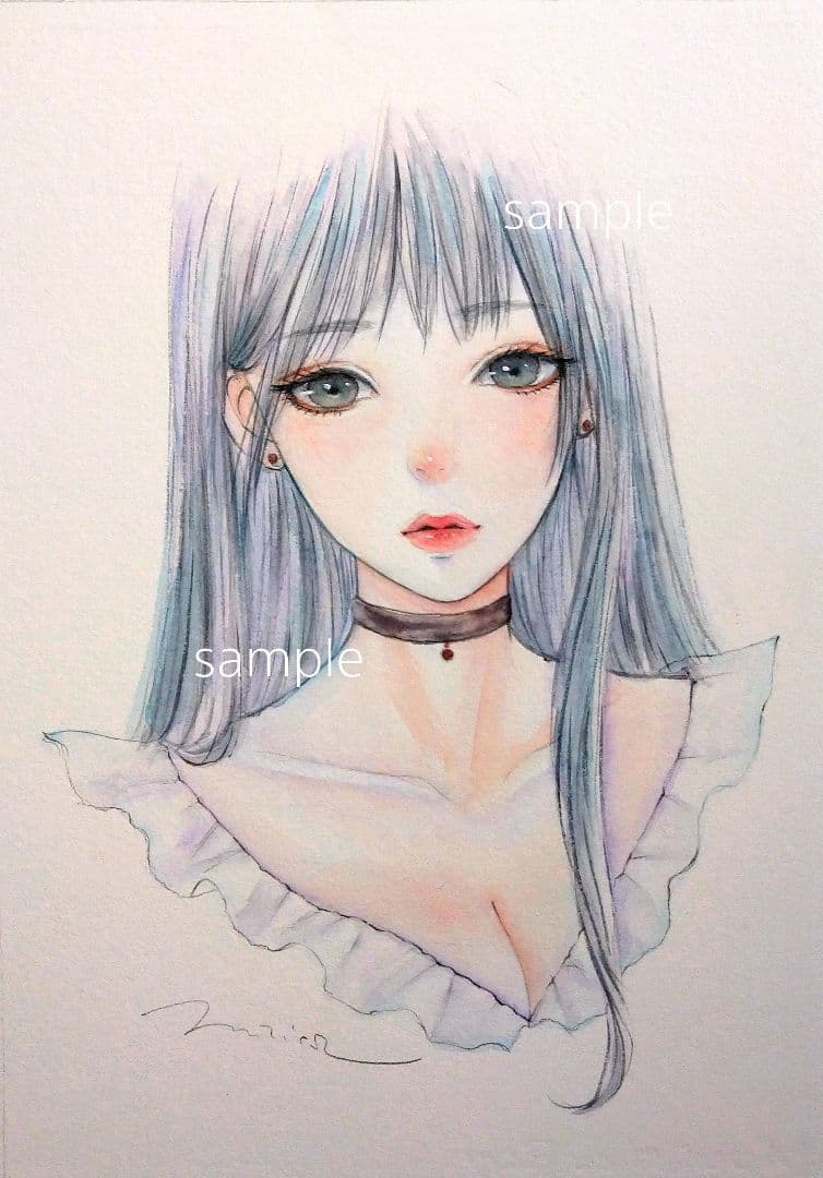 手描きイラスト　美人画　オリジナル　水彩画