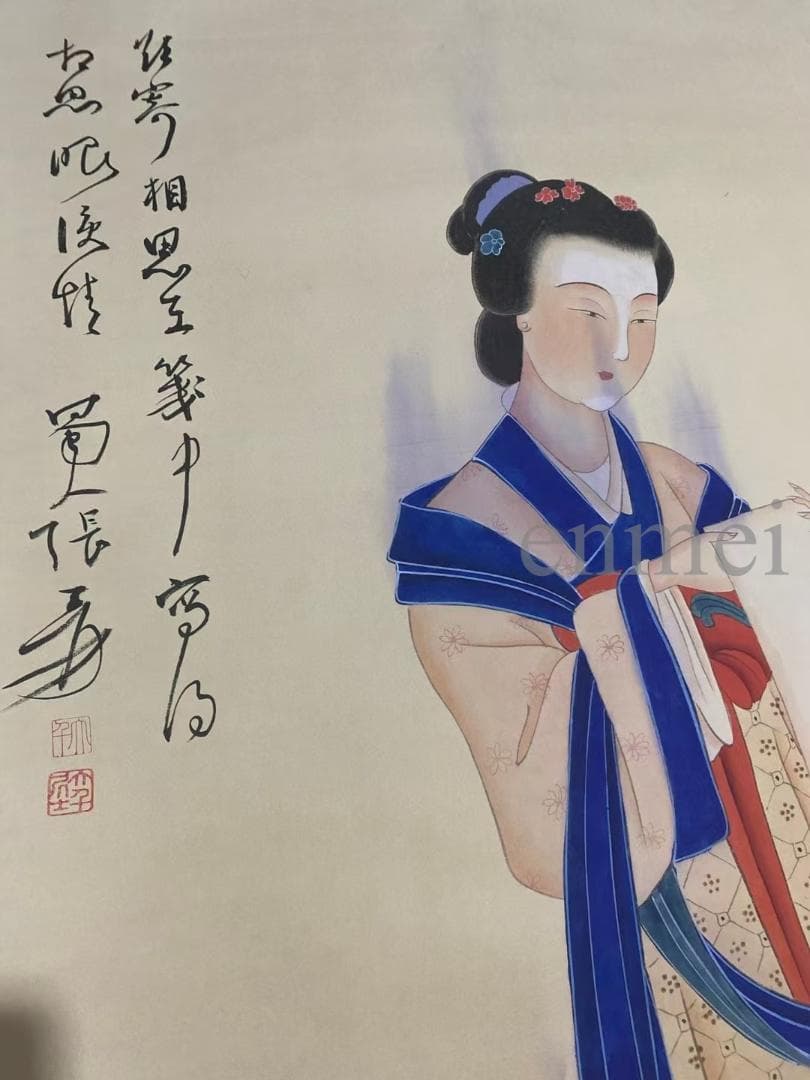 中国古美術・旧藏珍品・張大千款・仕女図・絹本・純手描き・掛軸・中堂畫・郵票落款
