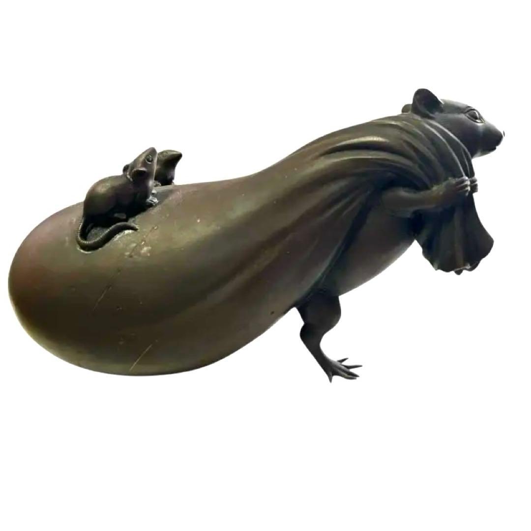 岩坪信光 作 唐銅 袋引鼠 ねずみ 親子／金工師／銅製 置物／刻印あり／工芸品