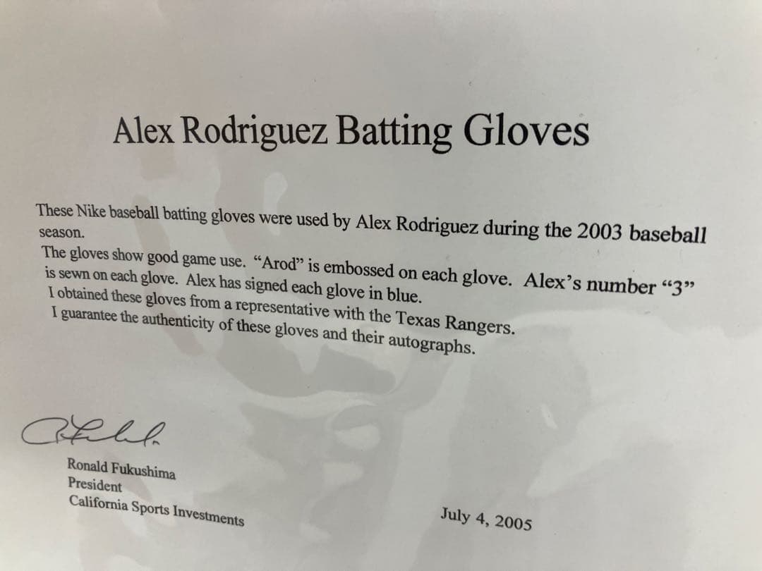 アレックス・ロドリゲス　2003年MLB公式戦 実使用バッティンググローブ