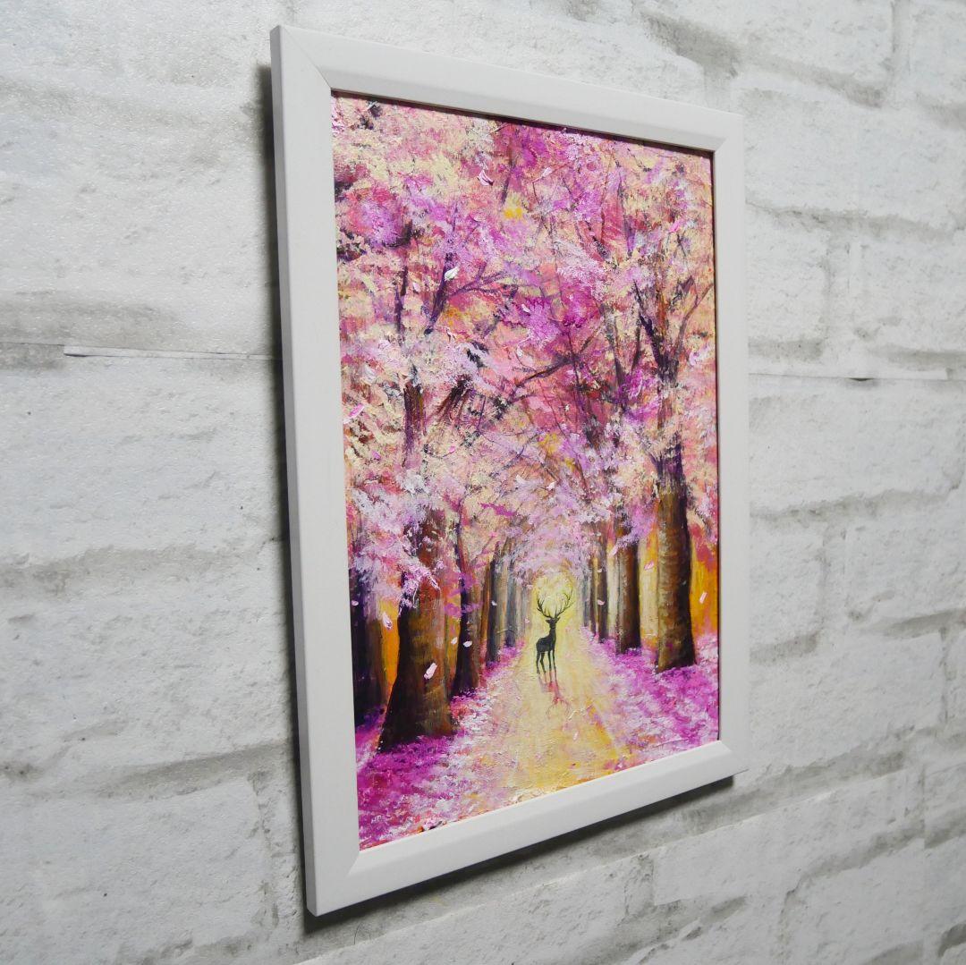 油絵 油彩 油彩画 絵 絵画【春景色の中で桜に立つ鹿】