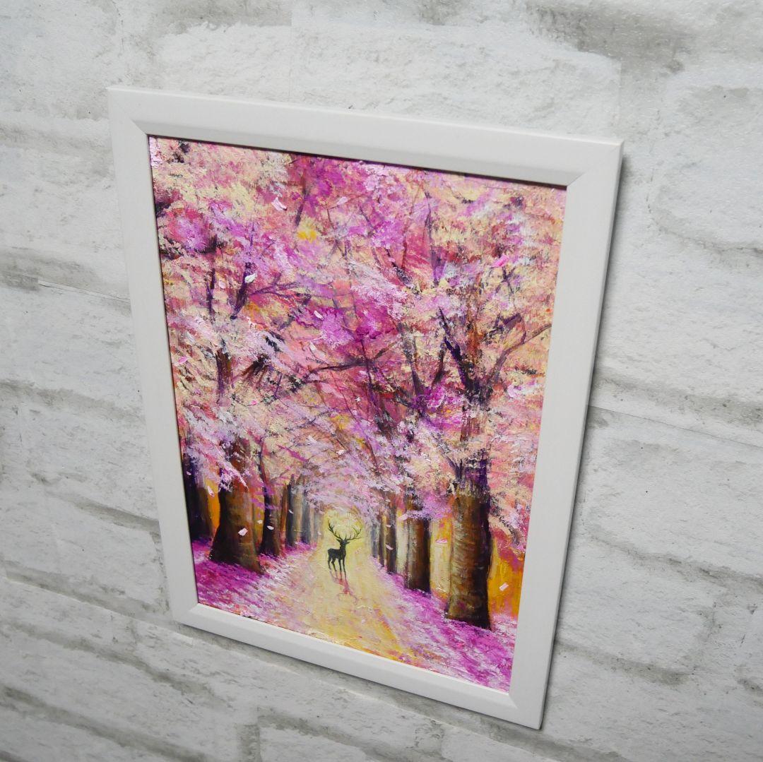 油絵 油彩 油彩画 絵 絵画【春景色の中で桜に立つ鹿】