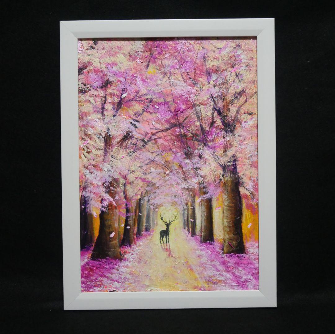 油絵 油彩 油彩画 絵 絵画【春景色の中で桜に立つ鹿】